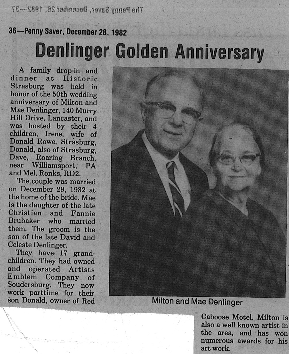 Anniversary-Brubaker Mae and Denlinger Milton-50th-1982 – Mennonite Life