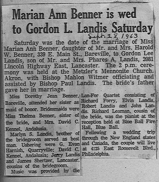 Marriage-benner marian ann and landis gordon lee – Mennonite Life