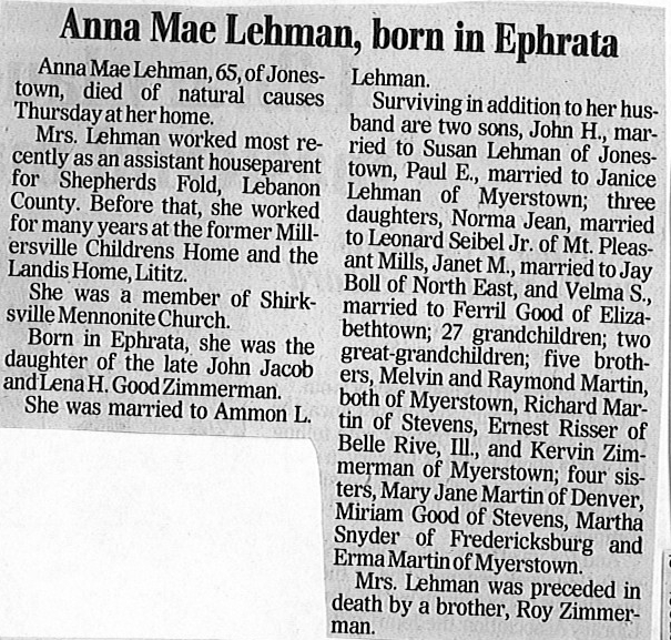 Obituary-lehman anna mae – Mennonite Life
