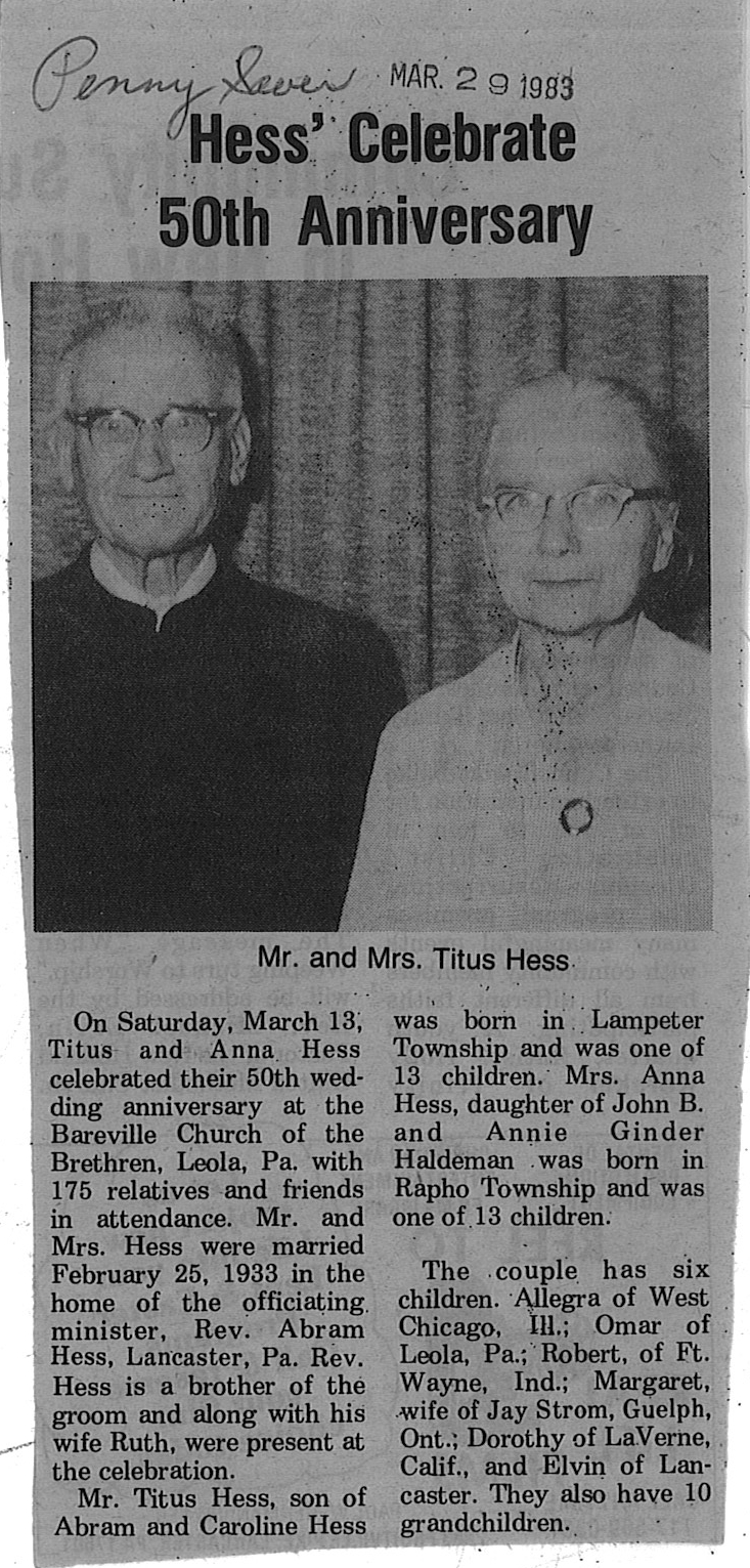 Anniversary-Haldeman Anna and Hess Titus-50th-1983 – Mennonite Life