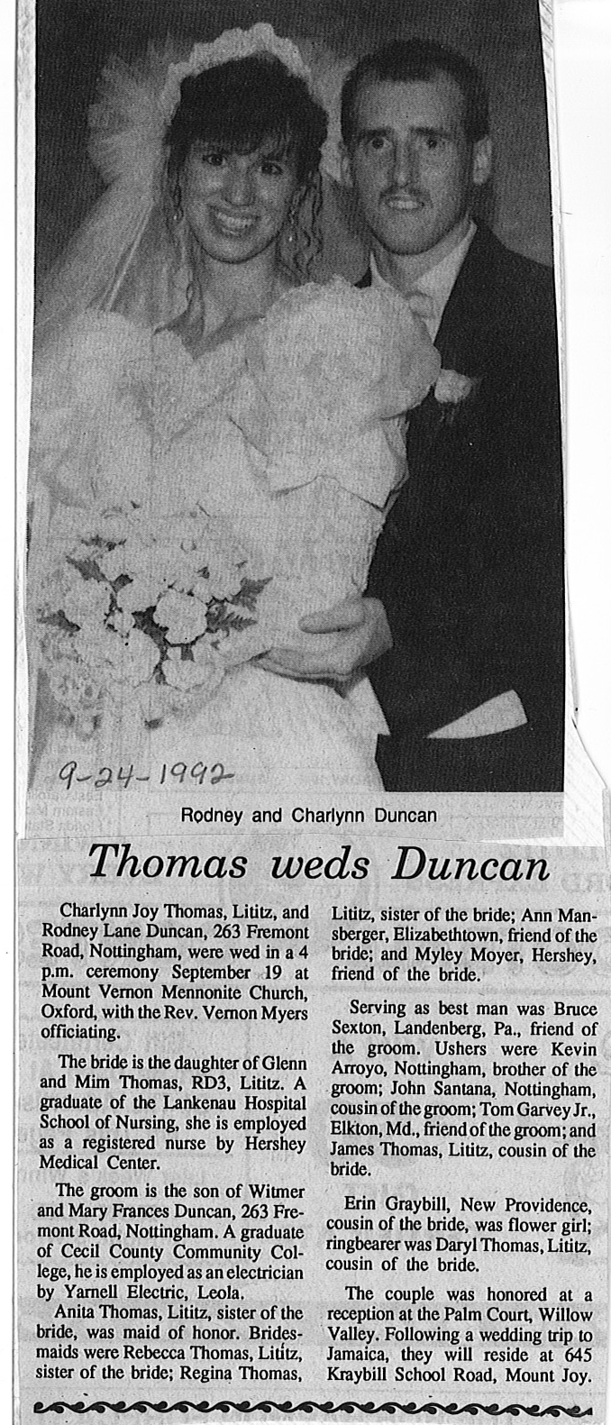 Marriage-duncan rodney lane and thomas charlynn joy – Mennonite Life