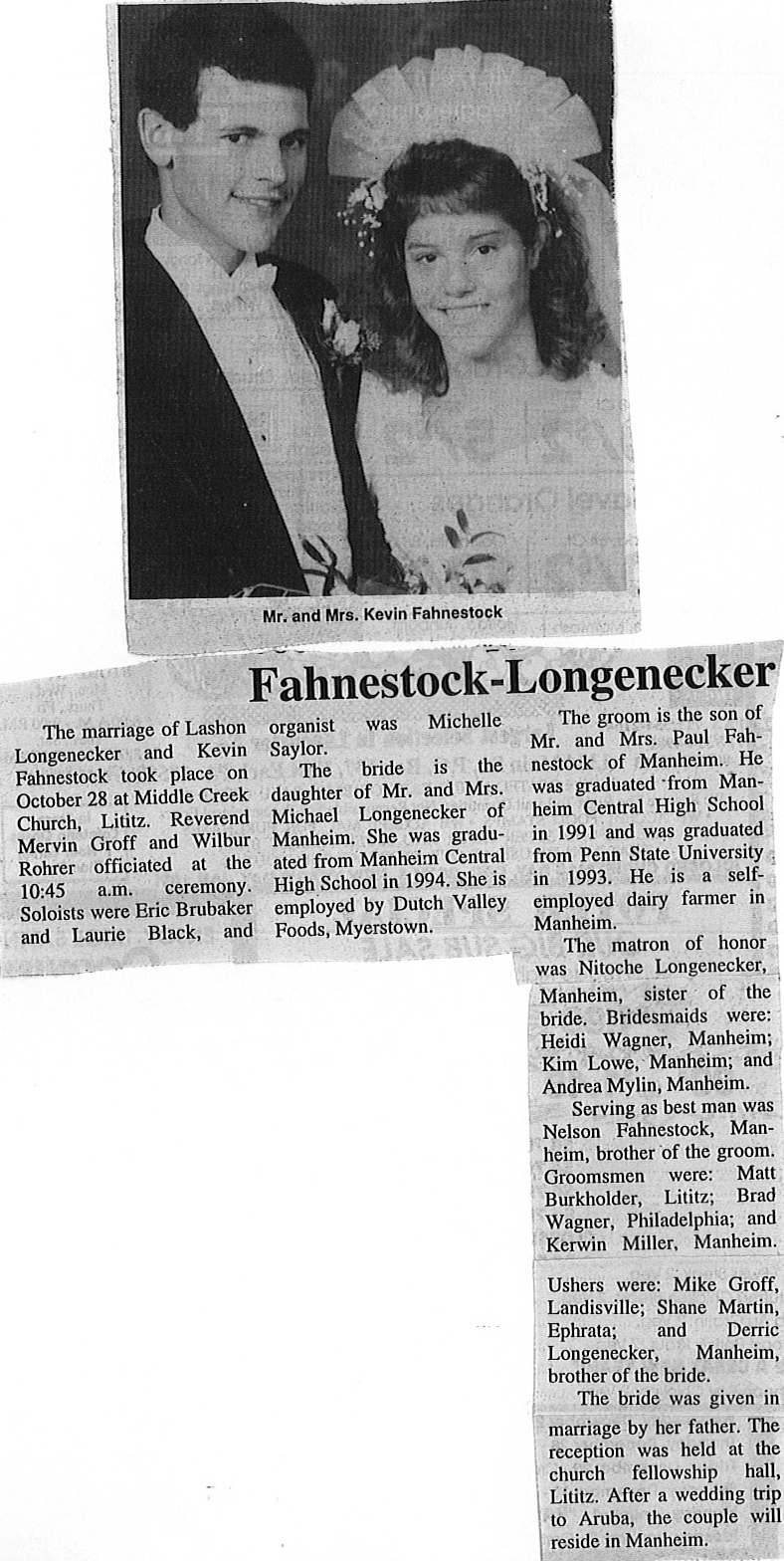 Marriage-fahnestock kevin and longenecker lashon – Mennonite Life