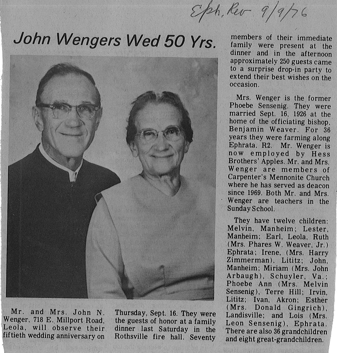 Anniversary-Sensenig Phoebe and Wenger John N-50th-1976 – Mennonite Life