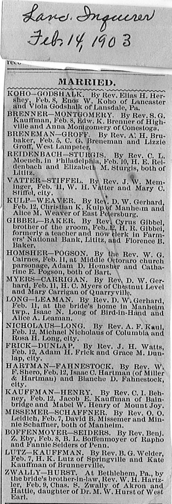 Marriage-Long Isaac N m Alice A Leaman-1903 – Mennonite Life