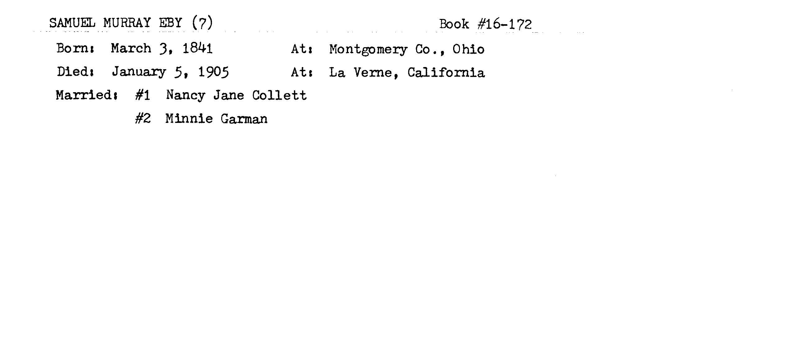 Eby Samuel Murray 1841-1905 M Nancy Jane Collett m2 Minnie Garman ...