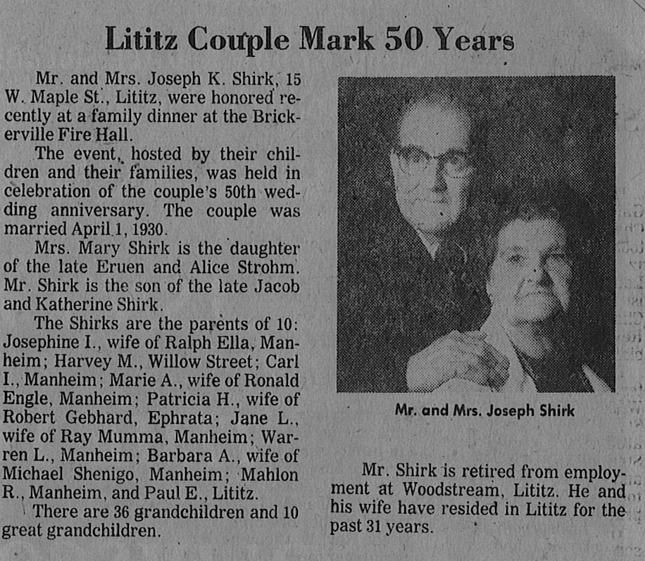 Anniversary-Shirk Joseph K and Strohm Mary-50th-1980 – Mennonite Life