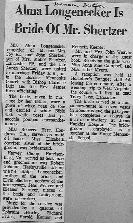 Marriage-shertzer john and longenecker alma – Mennonite Life