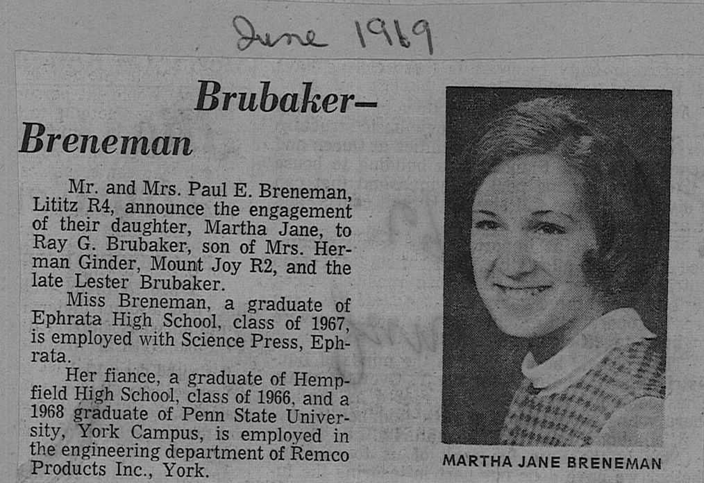 Engagement-Breneman Martha Jane and Brubaker Ray G – Mennonite Life