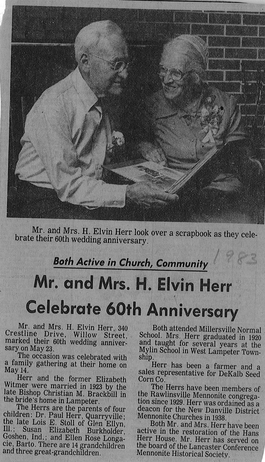 Anniversary-Witmer Elizabeth and Herr H Elvin-60th-1983 – Mennonite Life