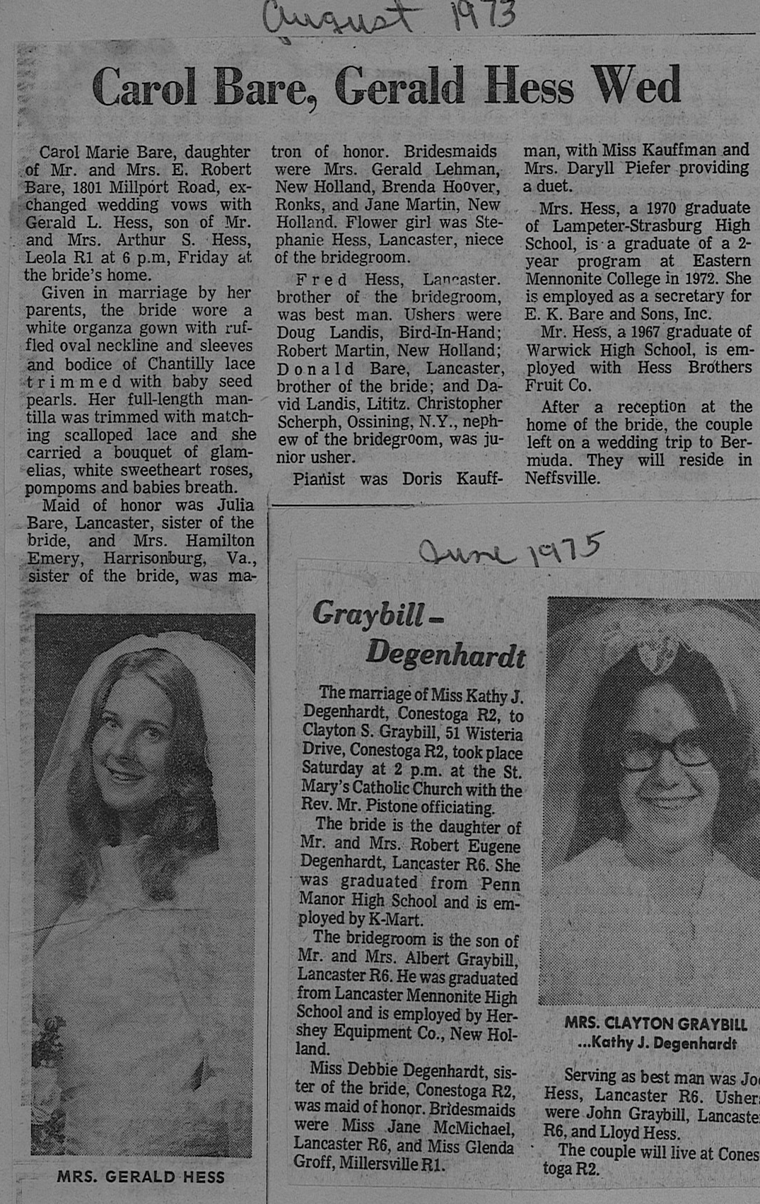 Marriage-Hess Gerald L and Bare Carol Marie – Mennonite Life