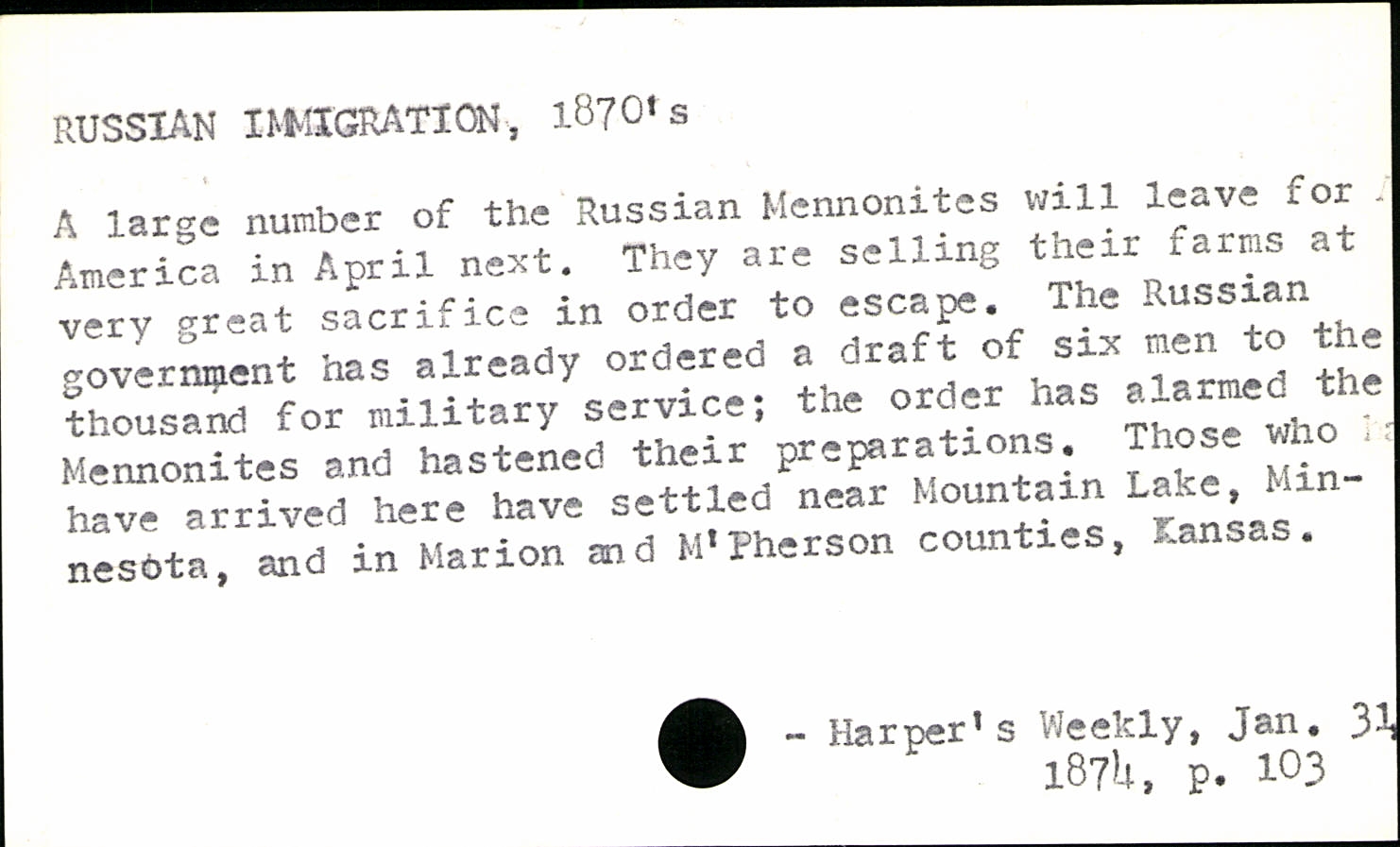 RUSSIAN IMMIGRATION, 1870'S – Mennonite Life