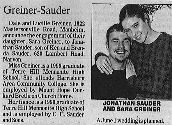 Engagement-sauder jonathan and greiner sara – Mennonite Life