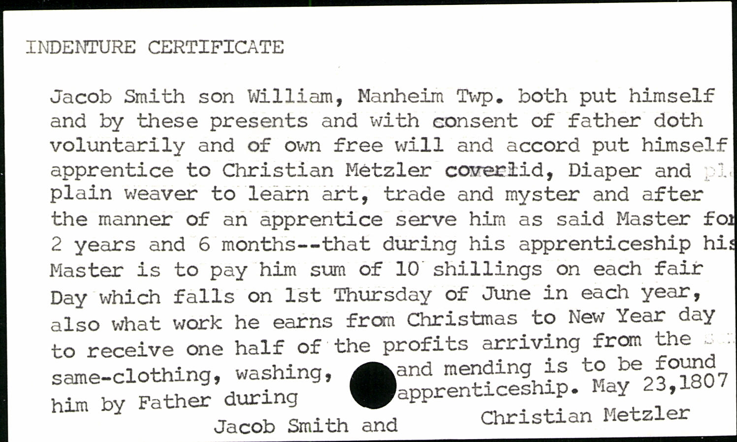 INDENTURE CERTIFICATE – Mennonite Life