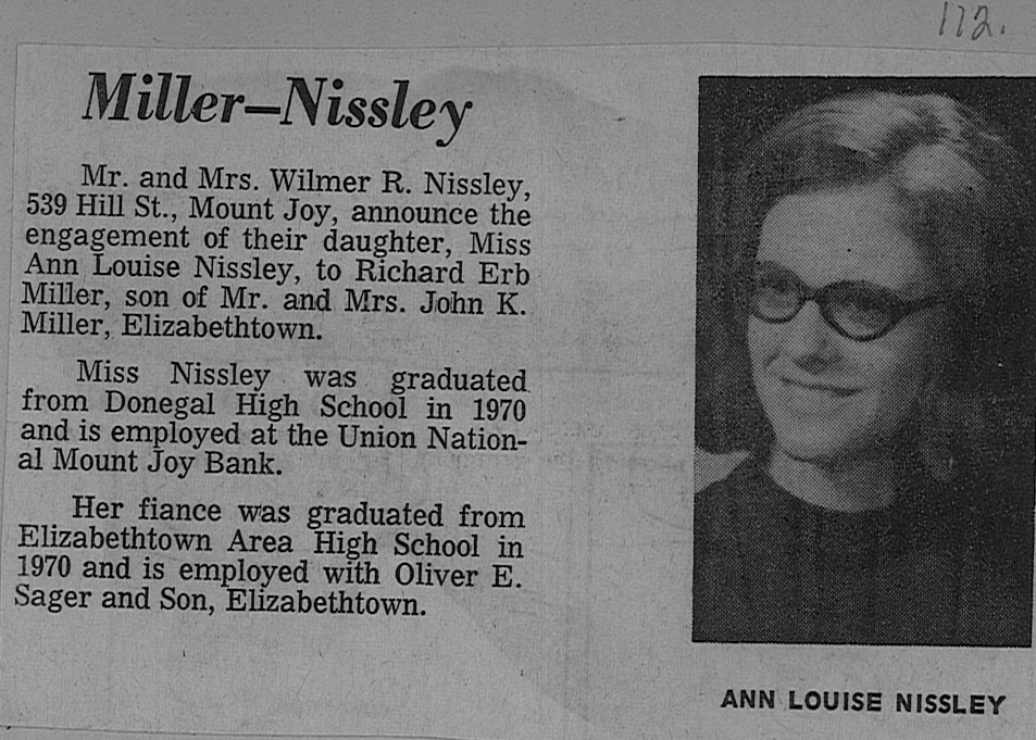 Engagement-Nissley Anna Louise and Miller Richard Erb – Mennonite Life