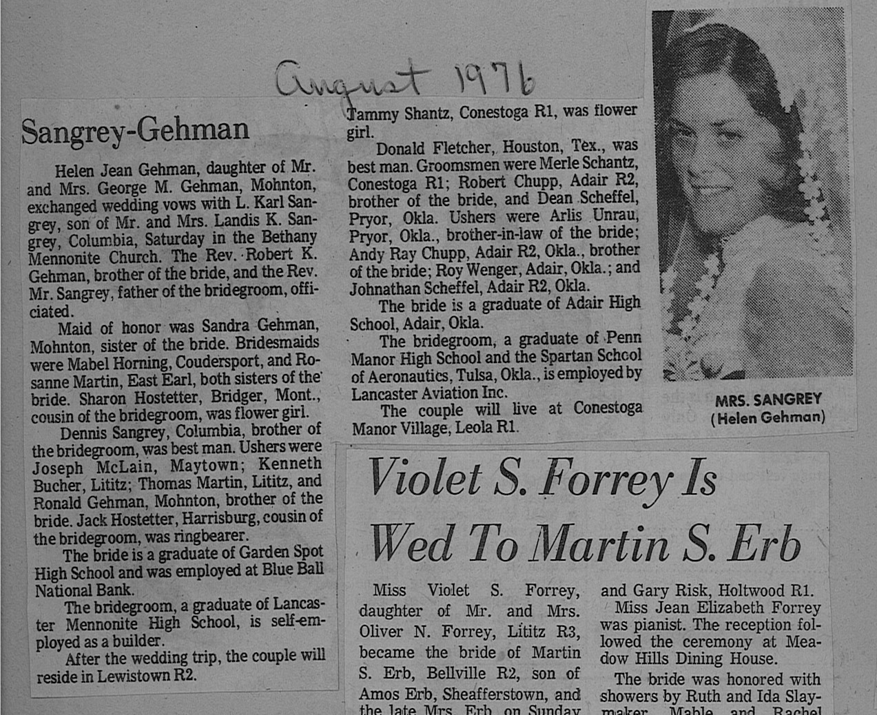 Marriage-Sangrey L Karl and Gehman Helen Jean – Mennonite Life