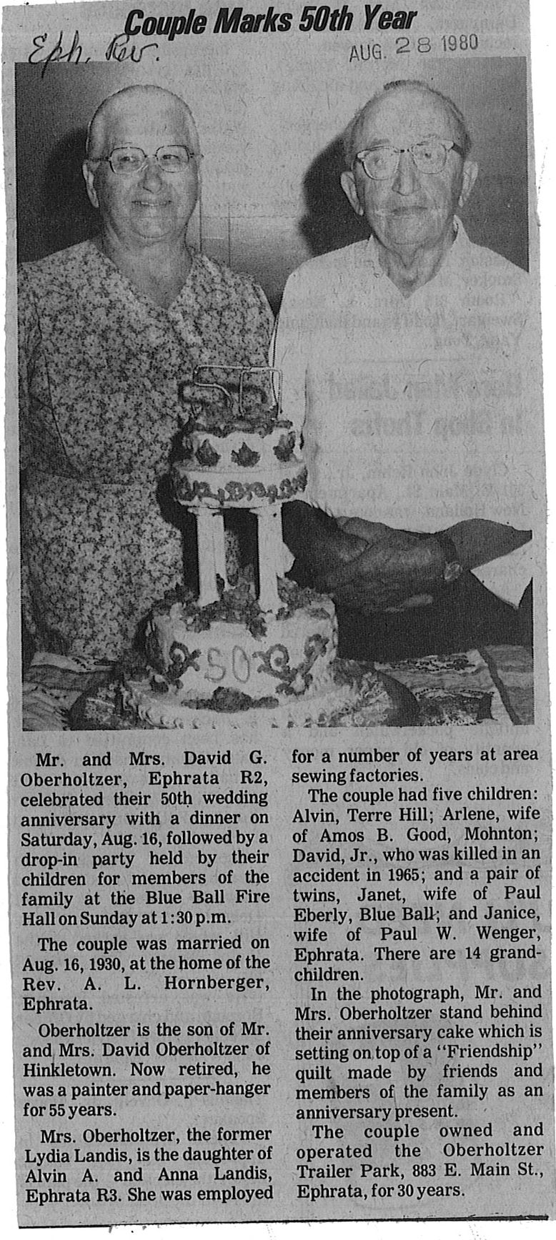 Anniversary-Landis Lydia and Oberholtzer David G-50th-1980 – Mennonite Life