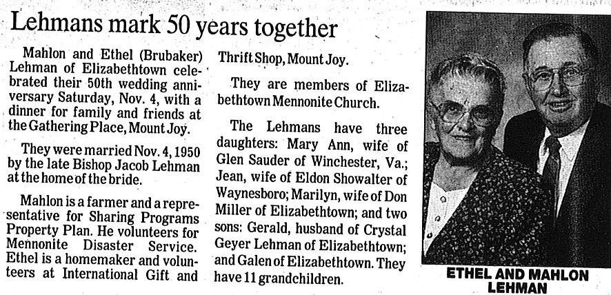 Anniversary-lehman mahlon and brubaker ethel – Mennonite Life