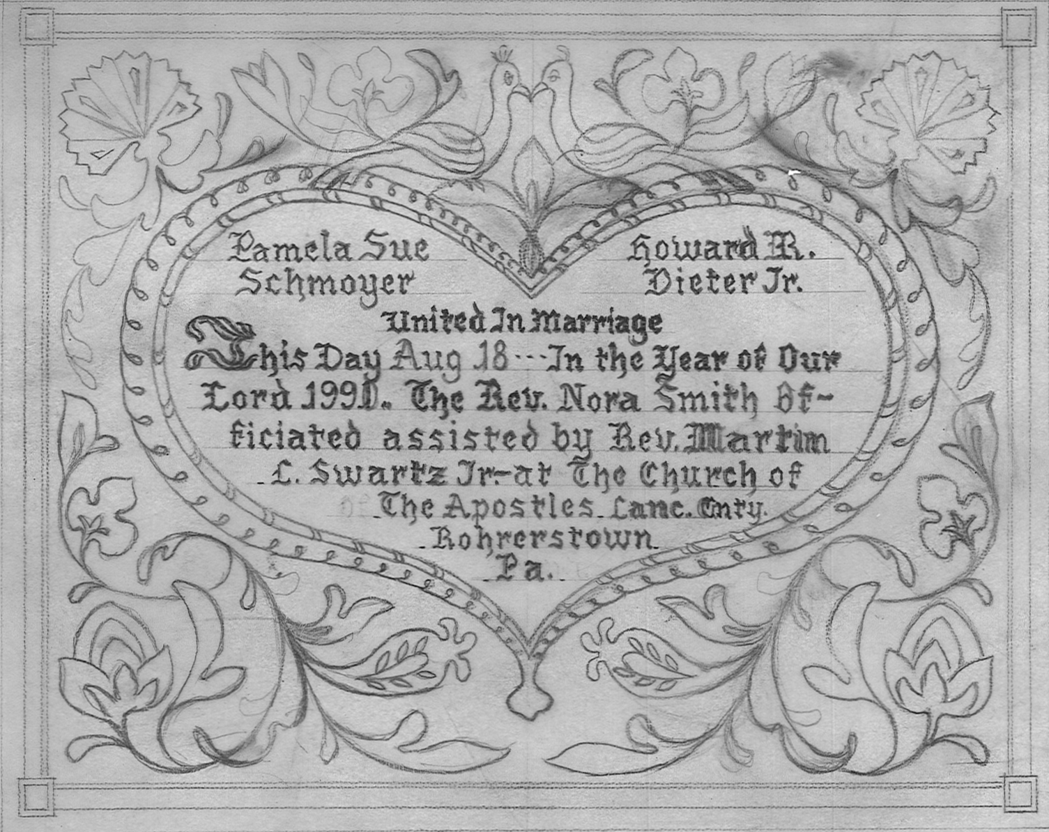 Fraktur sketch-Schmoyer Pamela Sue and Howard R Dieter Jr marriage-1991 ...