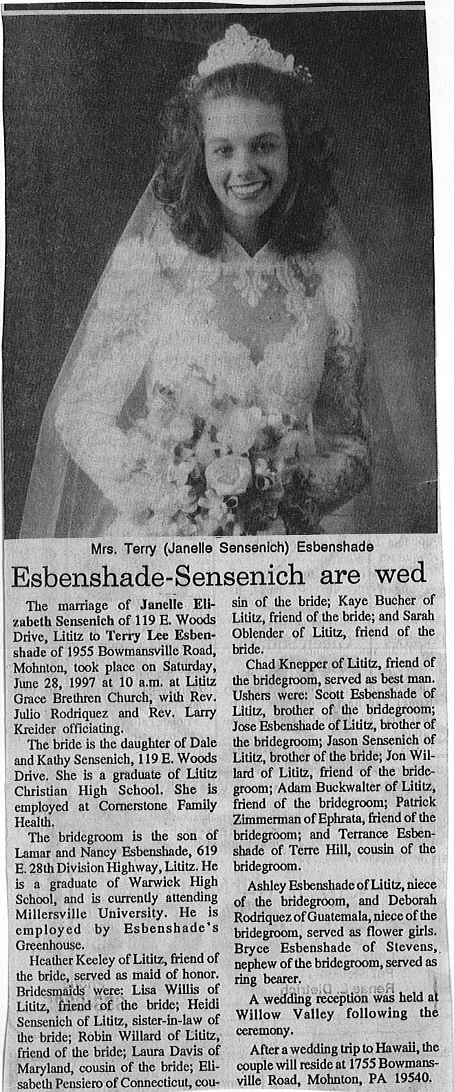 Marriage-sensenich janelle elizabeth and esbenshade terry lee-a ...