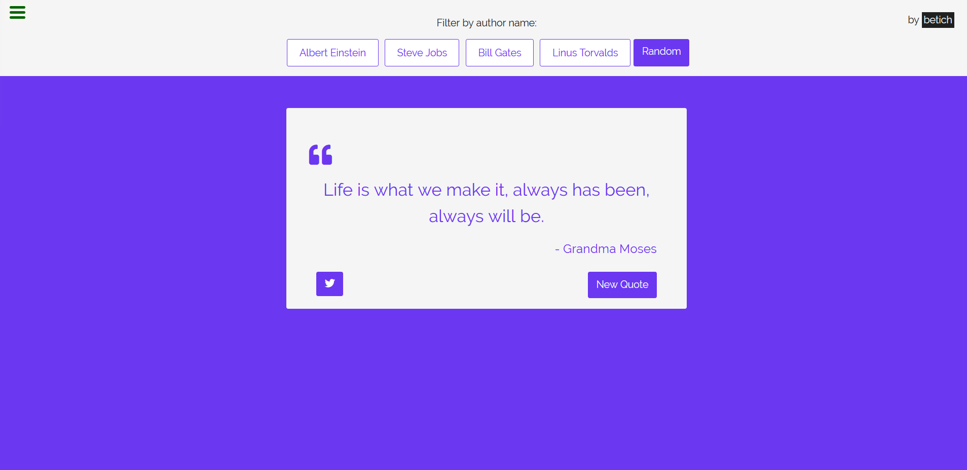 GitHub - betich/quote-machine: FCC Random Quote Generator, only posting ... GitHub - betich/quote-machine: FCC Random Quote Generator, only posting ...