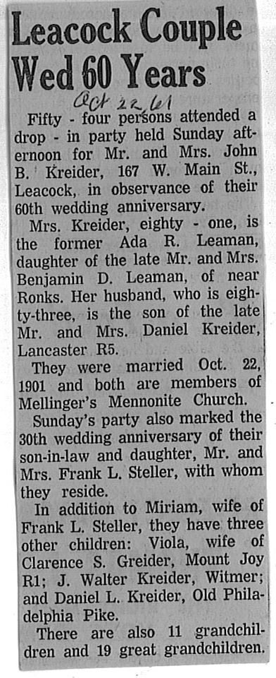 Anniversary-Leaman Ada R and Kreider John B-60th-1961 – Mennonite Life