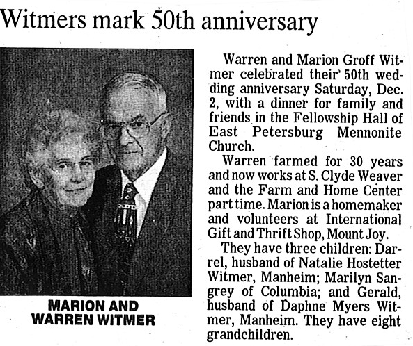Anniversary-groff marion and witmer warren – Mennonite Life