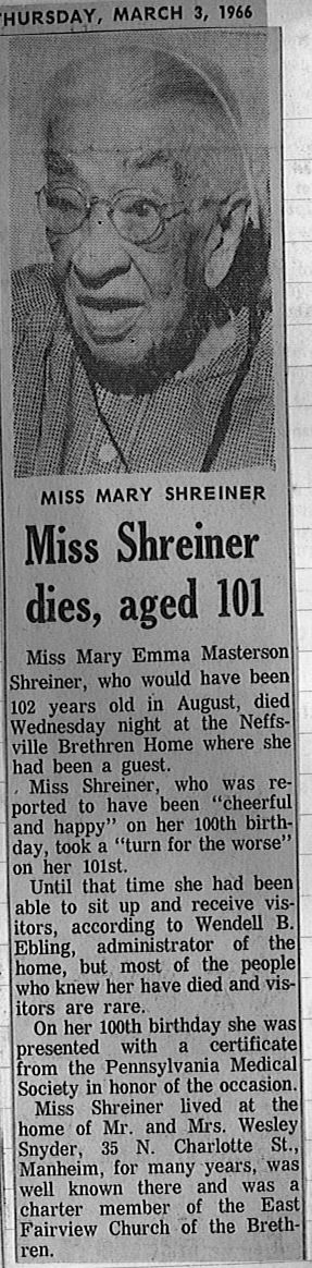 Obituary-shreiner mary emma masterson-1966 – Mennonite Life