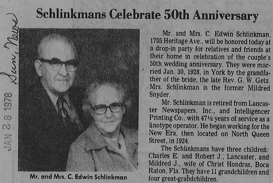 Anniversary-Snyder Mildred and Schlinkman C Edwin-1978 – Mennonite Life