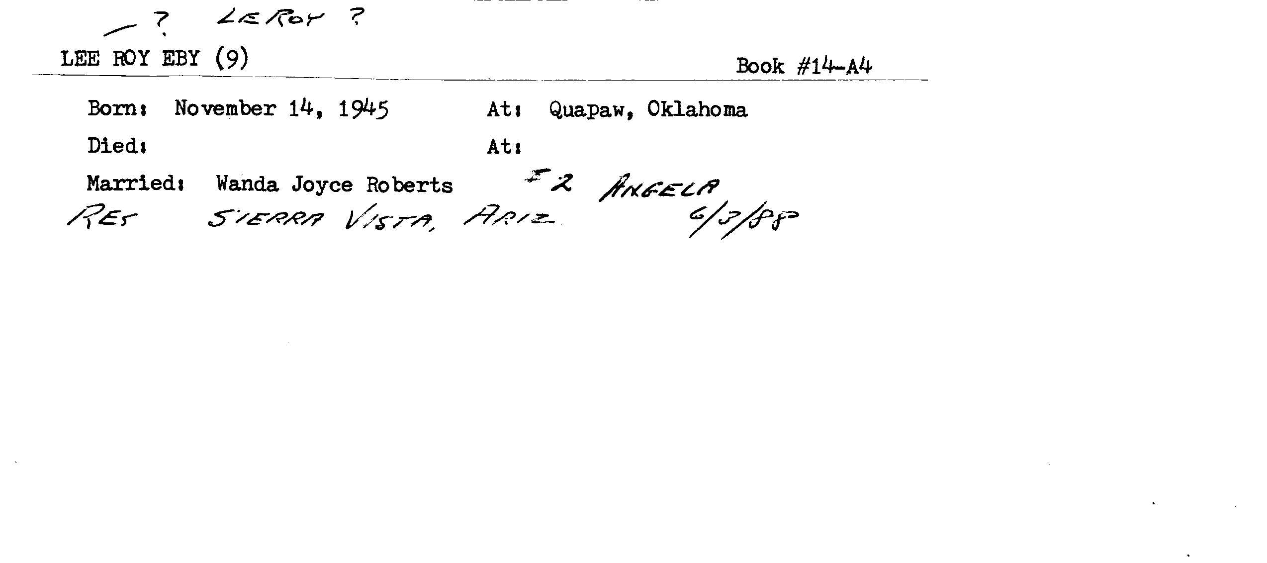 Eby Lee Roy 1945- M Wanda Joyce Roberts m2 Angela – Mennonite Life