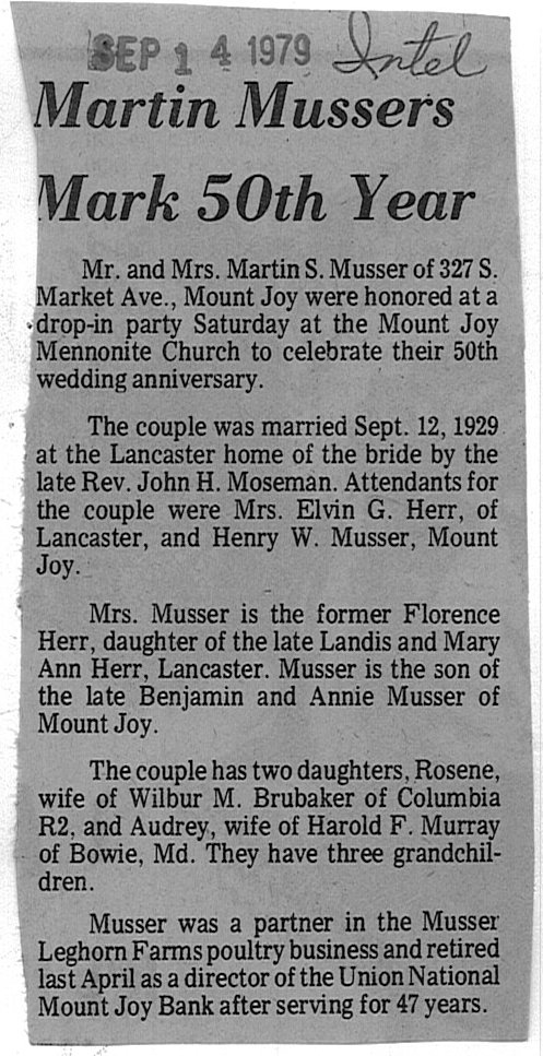 Anniversary-Musser Martin S and Herr Florence-50th-1979 – Mennonite Life