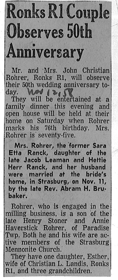 Anniversary-Ranck Sara Etta and Rohrer John Christian-50th-1958 ...