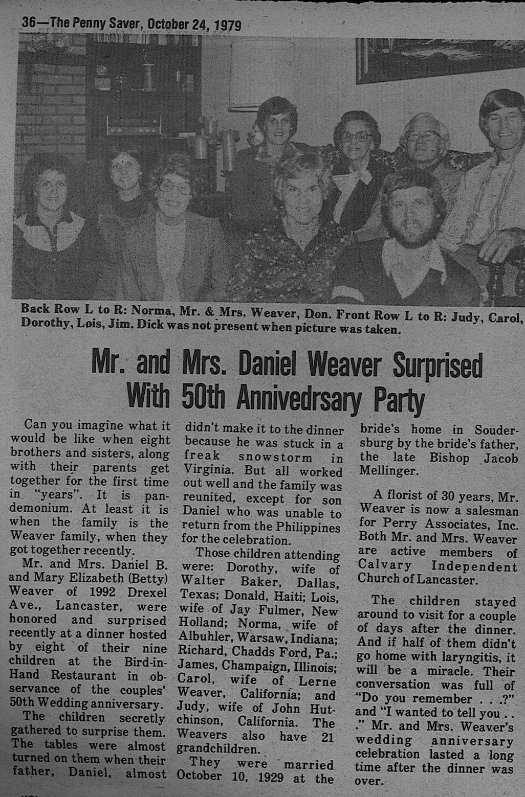 Anniversary-Mellinger Mary Elizabeth and Weaver Daniel B-50th-1979 ...