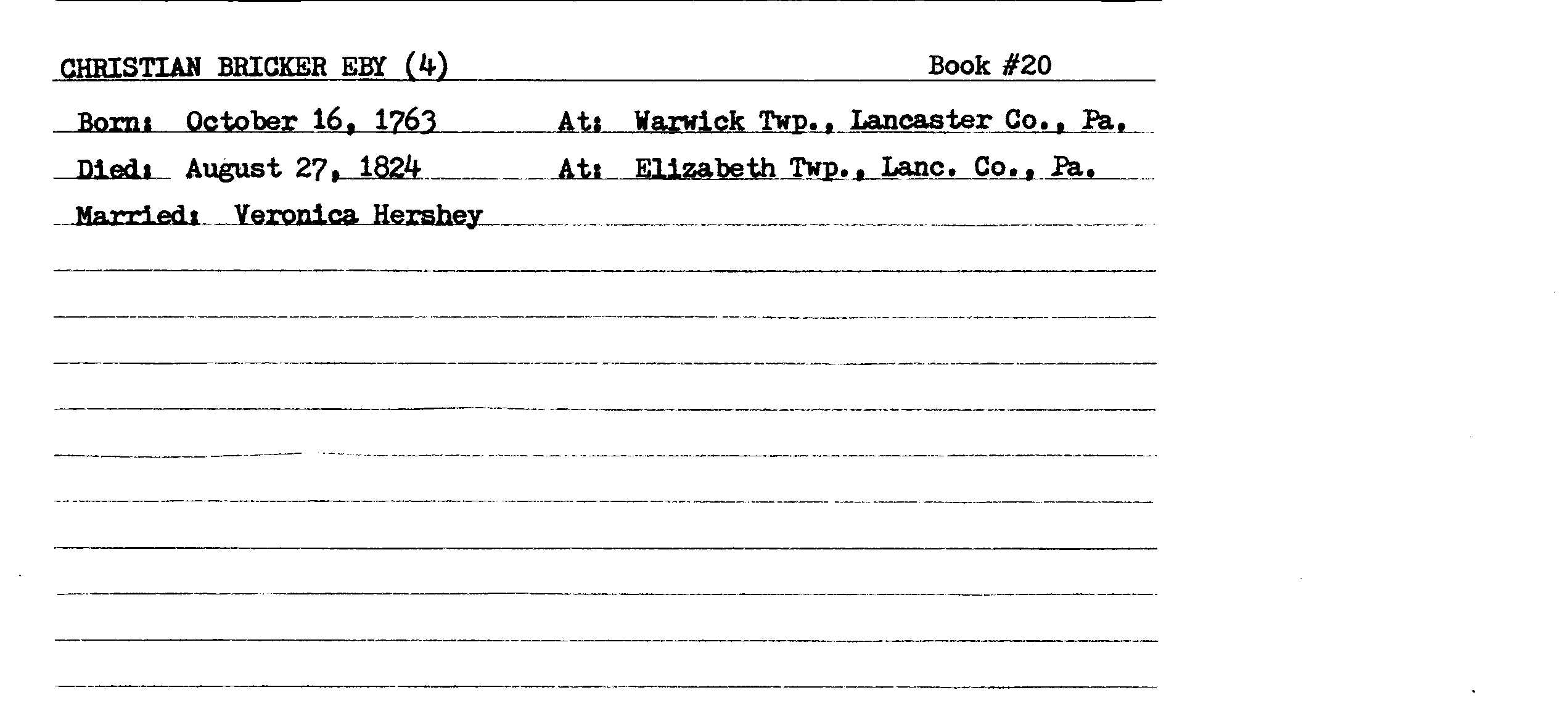 Eby Christian Bricker 1763-1824 M Veronica Hershey – Mennonite Life