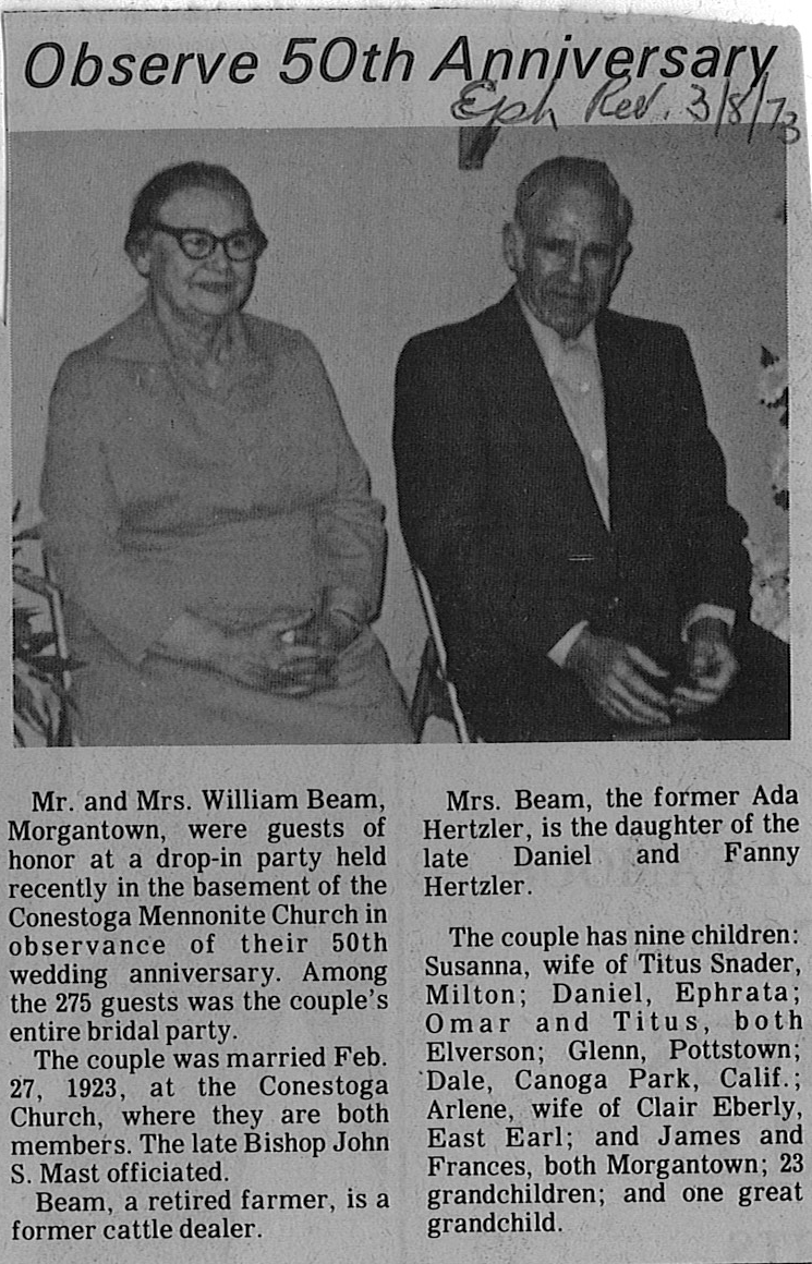Anniversary-Hertzler Ada and Beam William-50th-1973 – Mennonite Life