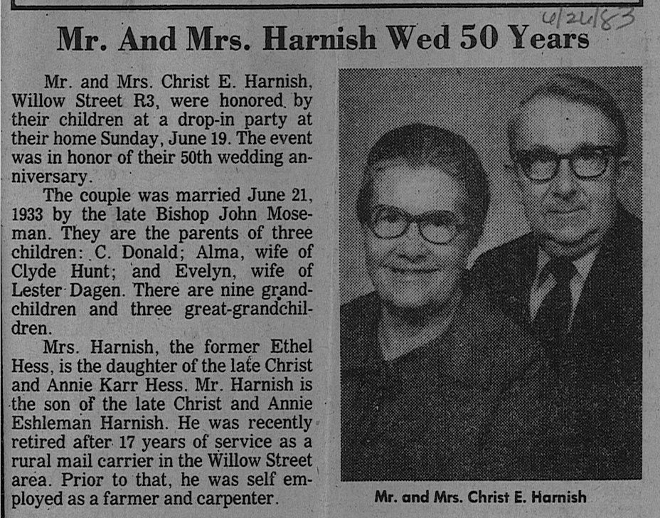 Anniversary-Harnish Christ E and Hess Ethel-50th-1983 – Mennonite Life