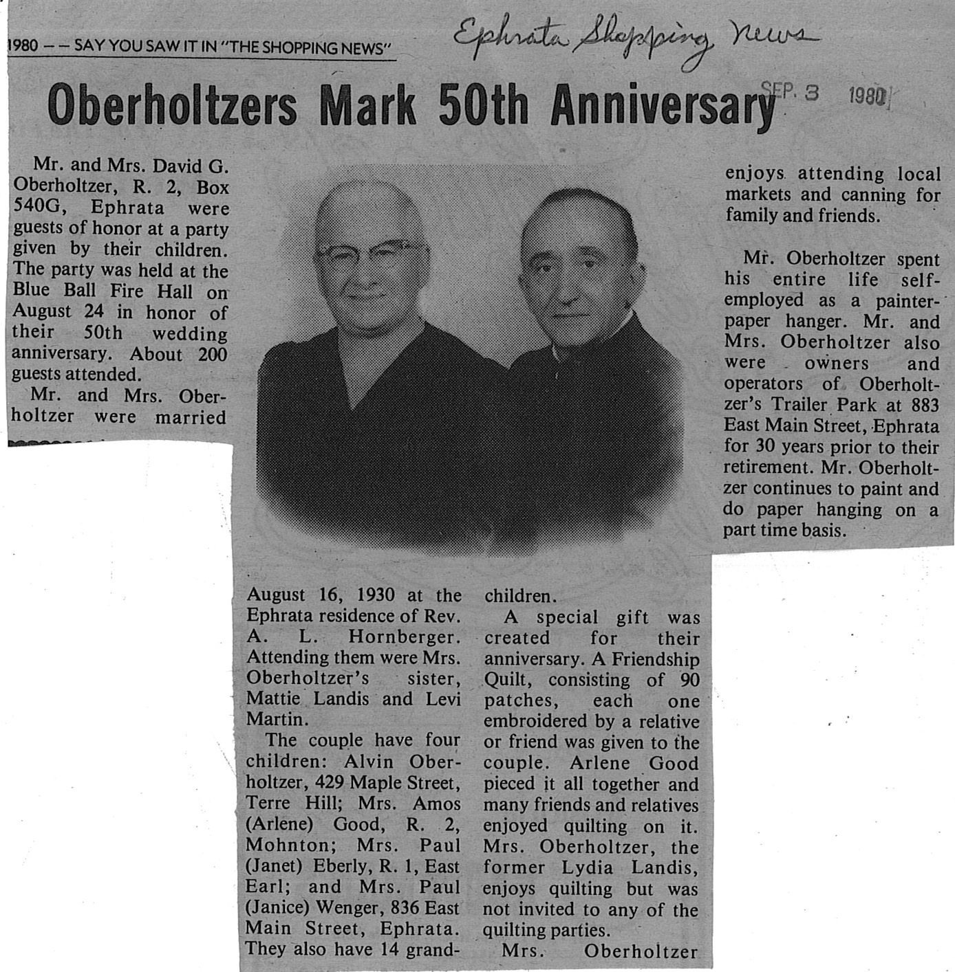 Anniversary-Oberholtzer David G and Landis Lydia-50th-1980-2 ...