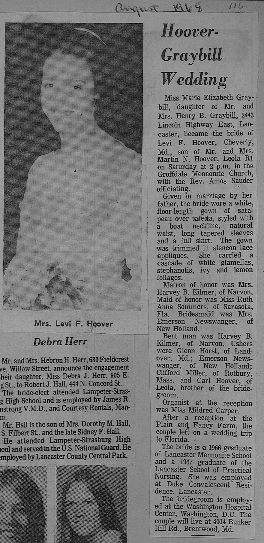 Marriage-Graybill Marie Elizabeth and Hoover Levi F – Mennonite Life