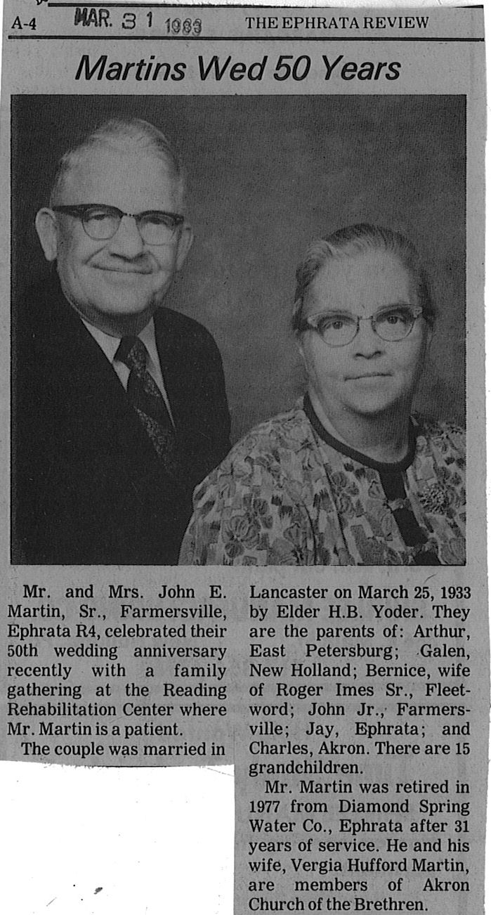 Anniversary-Hufford Vergia and Martin John E Sr -50th-1983 – Mennonite Life