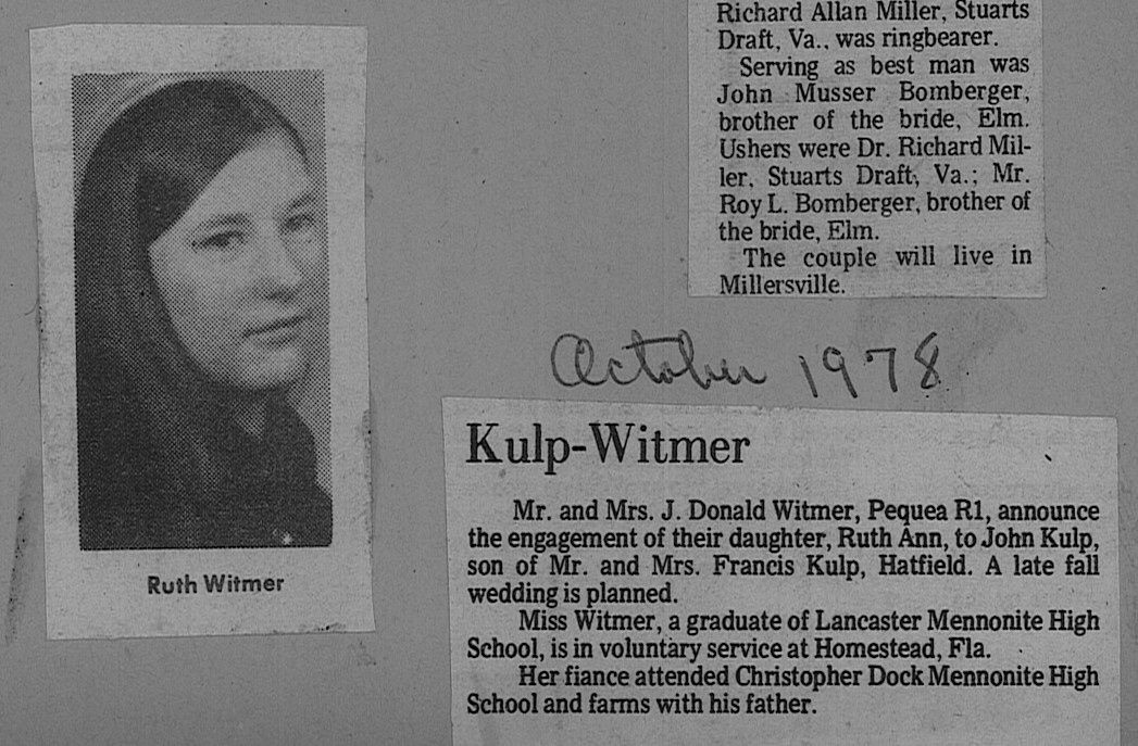 Engagement-Witmer Ruth Ann and Kulp John – Mennonite Life