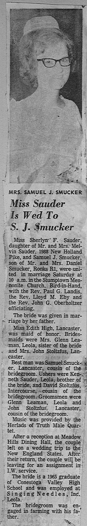 Marriage-smucker samuel j and sauder sherlyn f – Mennonite Life