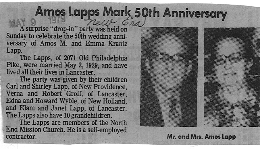 Anniversary-Lapp Amos M and Krantz Emma-50th-1979 – Mennonite Life