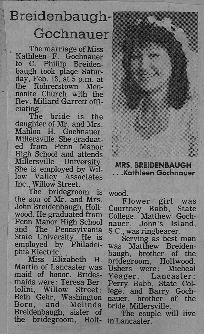Marriage-Gochnauer Kathleen F and Breidenbaugh C Phillip – Mennonite Life