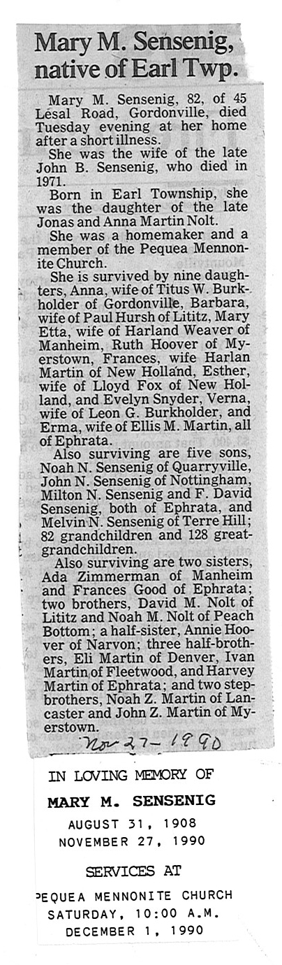 Obituary-Sensenig Mary M-1990 – Mennonite Life