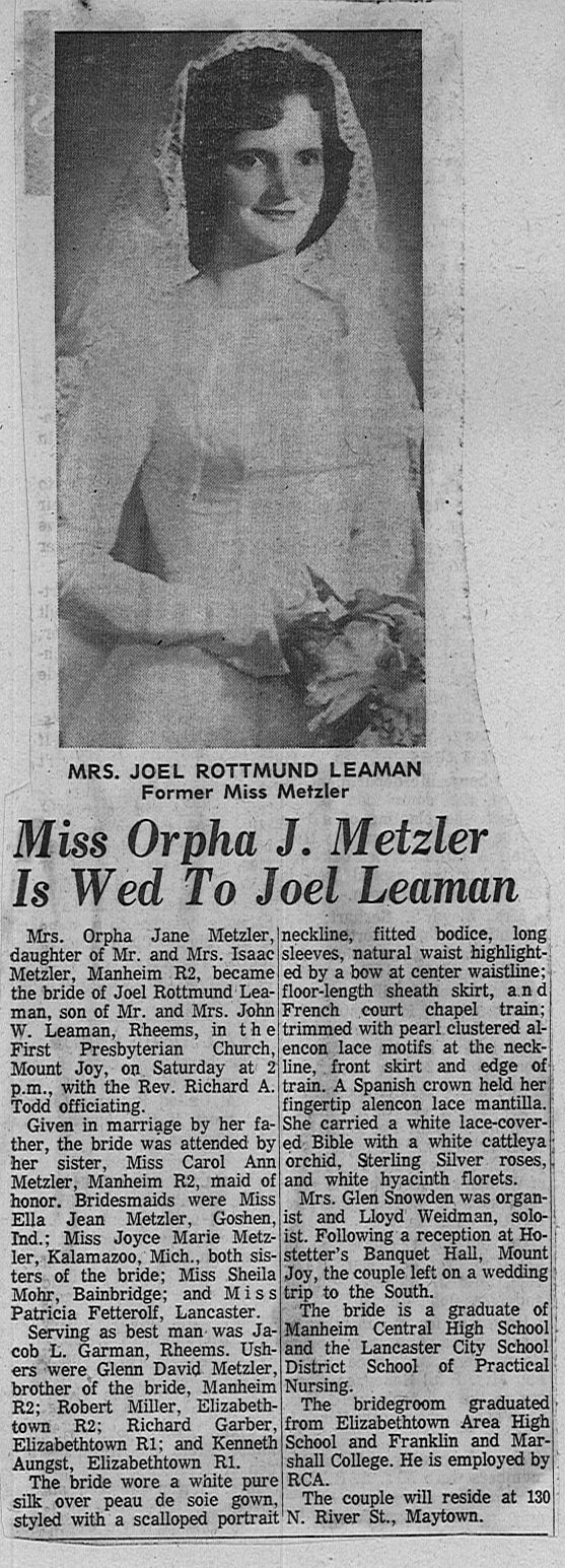 Marriage-metzler orpha jane and leaman joel rottmund – Mennonite Life