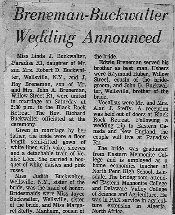 Marriage-buckwalter linda and and breneman j roy – Mennonite Life
