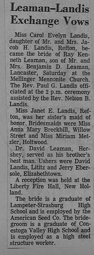 Marriage-Leaman Ray Kenneth and Landis Carol Evelyn – Mennonite Life