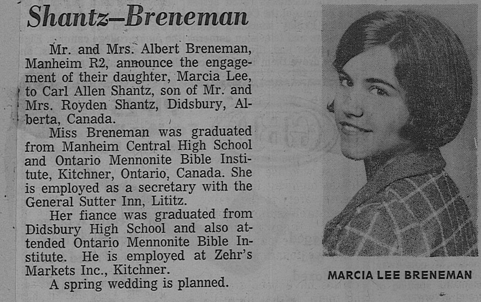 Engagement-Breneman Marcia Lee and Shantz Carl Allen – Mennonite Life