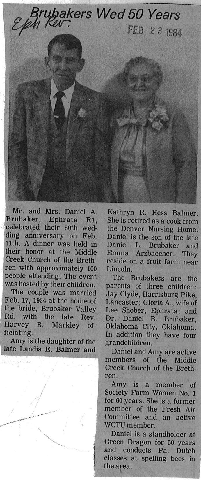 Anniversary-Balmer Amy and Brubaker Daniel A-50th-1984 – Mennonite Life