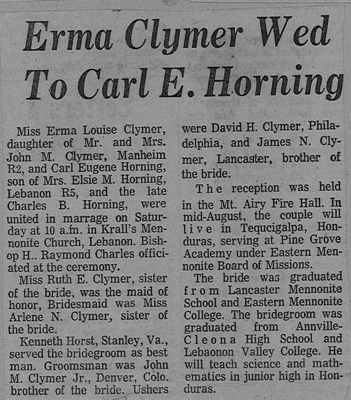 Marriage-Clymer Erma Louise and Horning Carl Eugene – Mennonite Life