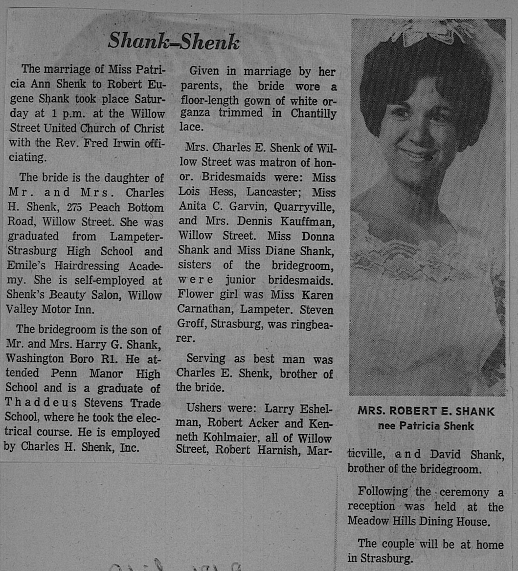 Marriage-Shenk Patricia Ann and Shank Robert Eugene – Mennonite Life